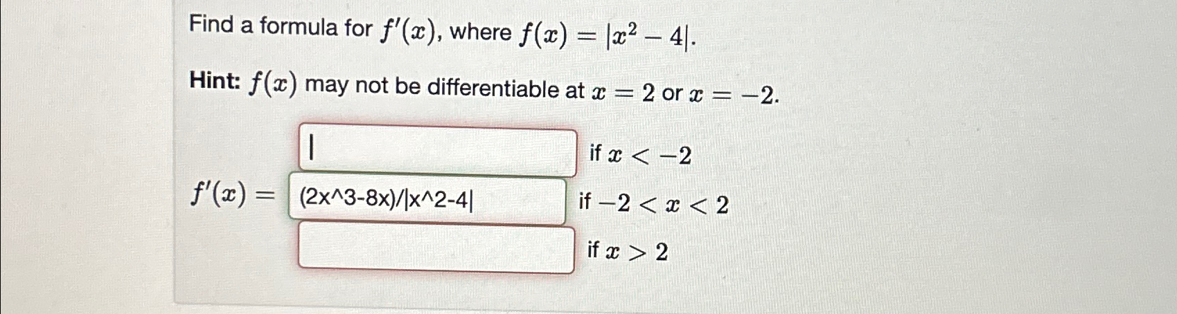 Solved Find a formula for f'(x), ﻿where f(x)=|x2-4|.Hint: | Chegg.com