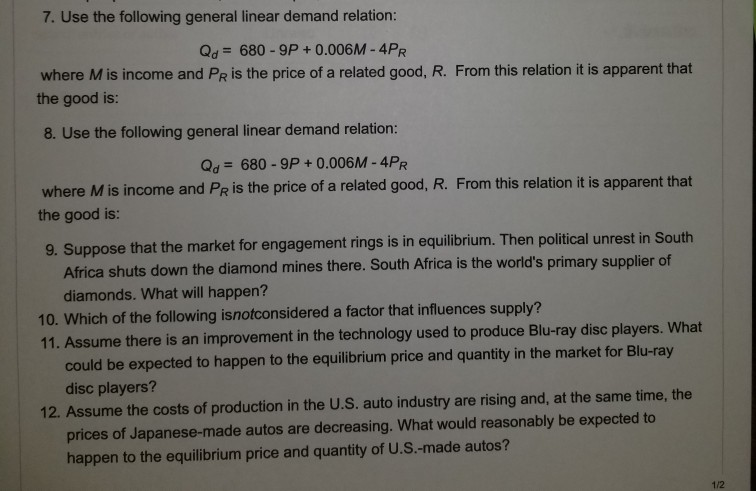 Solved 7. Use the following general linear demand relation: | Chegg.com