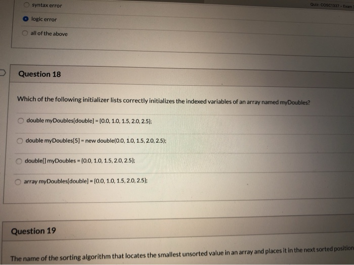 Solved Syntax Error Quiz Cosc1337 O Logic Error All Of The