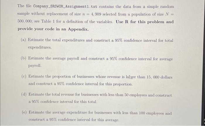 The file Company_SRSWOR_Assignment1.txt contains the | Chegg.com