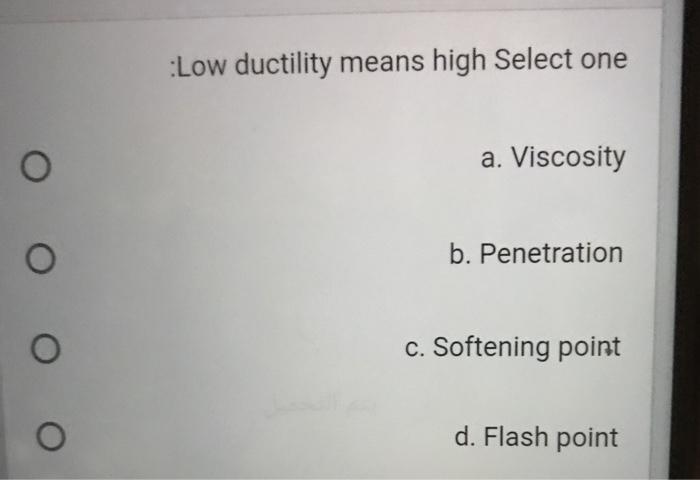 Solved Low ductility means high Select one a. Viscosity b. | Chegg.com