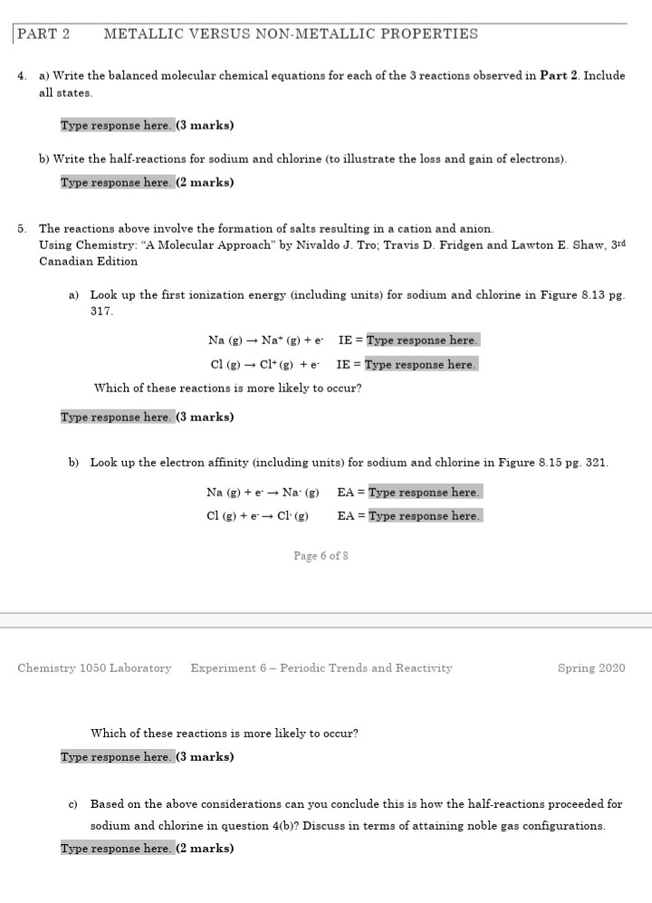 PART 2 METALLIC VERSUS NON-METALLIC PROPERTIES Table | Chegg.com