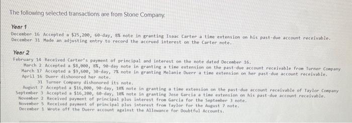 Solved The following selected transactions are from Stone | Chegg.com