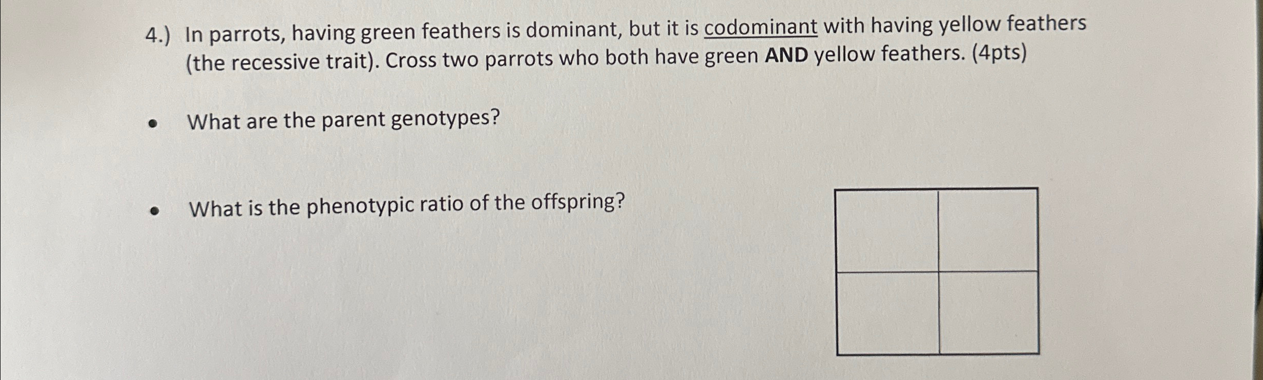 Solved 4.) ﻿In parrots, having green feathers is dominant, | Chegg.com