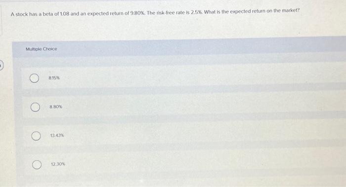 Solved A stock has a beta of 1.08 and an expected return of | Chegg.com