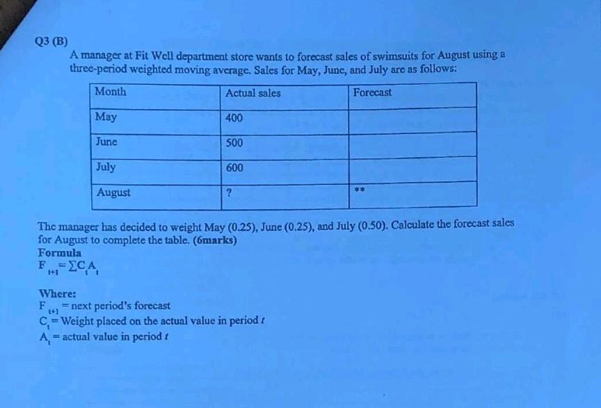 Solved Q3 (B) A manager at Fit Well department store wants | Chegg.com
