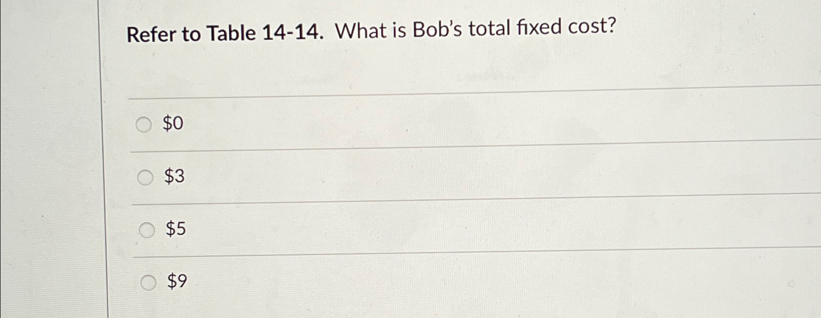 Solved Refer to Table 14-14. ﻿What is Bob's total fixed | Chegg.com