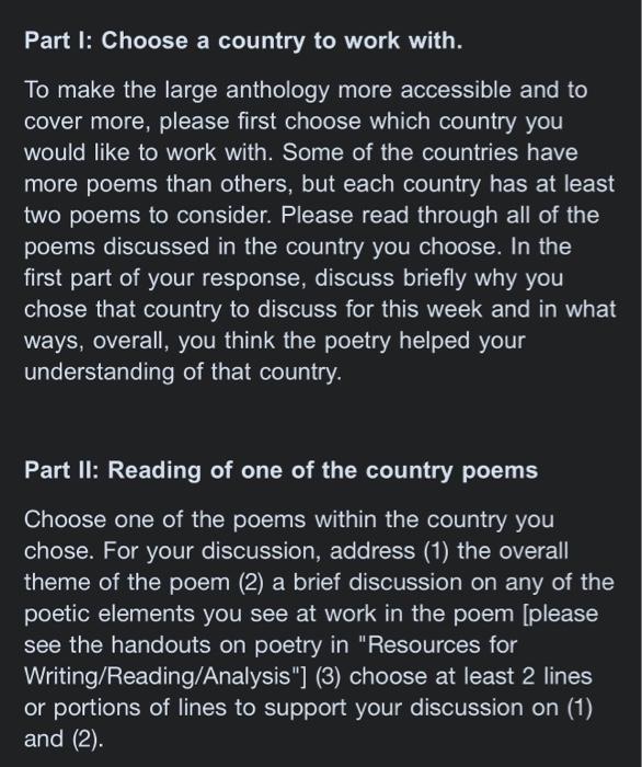 Part I: Choose a country to work with. To make the | Chegg.com