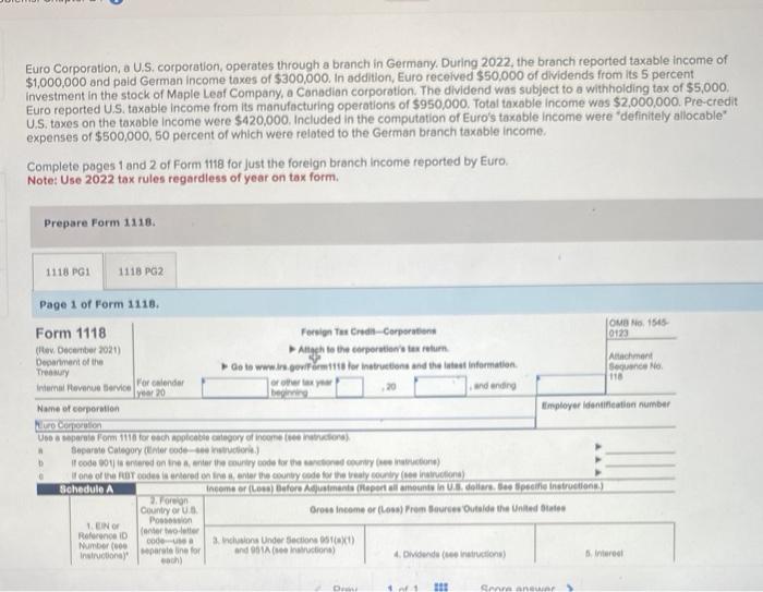 Euro Corporation, a U.S. corporation, operates | Chegg.com
