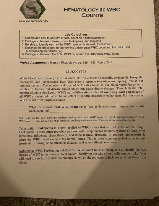 Solved HEMATOLOGY III: WBC COUNTS HUMAN PHYSIOLOGY Lab | Chegg.com