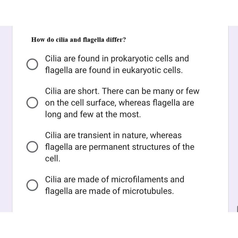 Solved How do cilia and flagella differ?Cilia are found in | Chegg.com