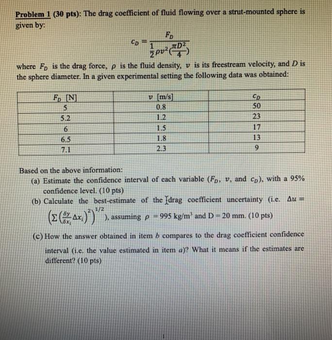 Solved Problem 1 (30 pts): The drag coefficient of fluid | Chegg.com