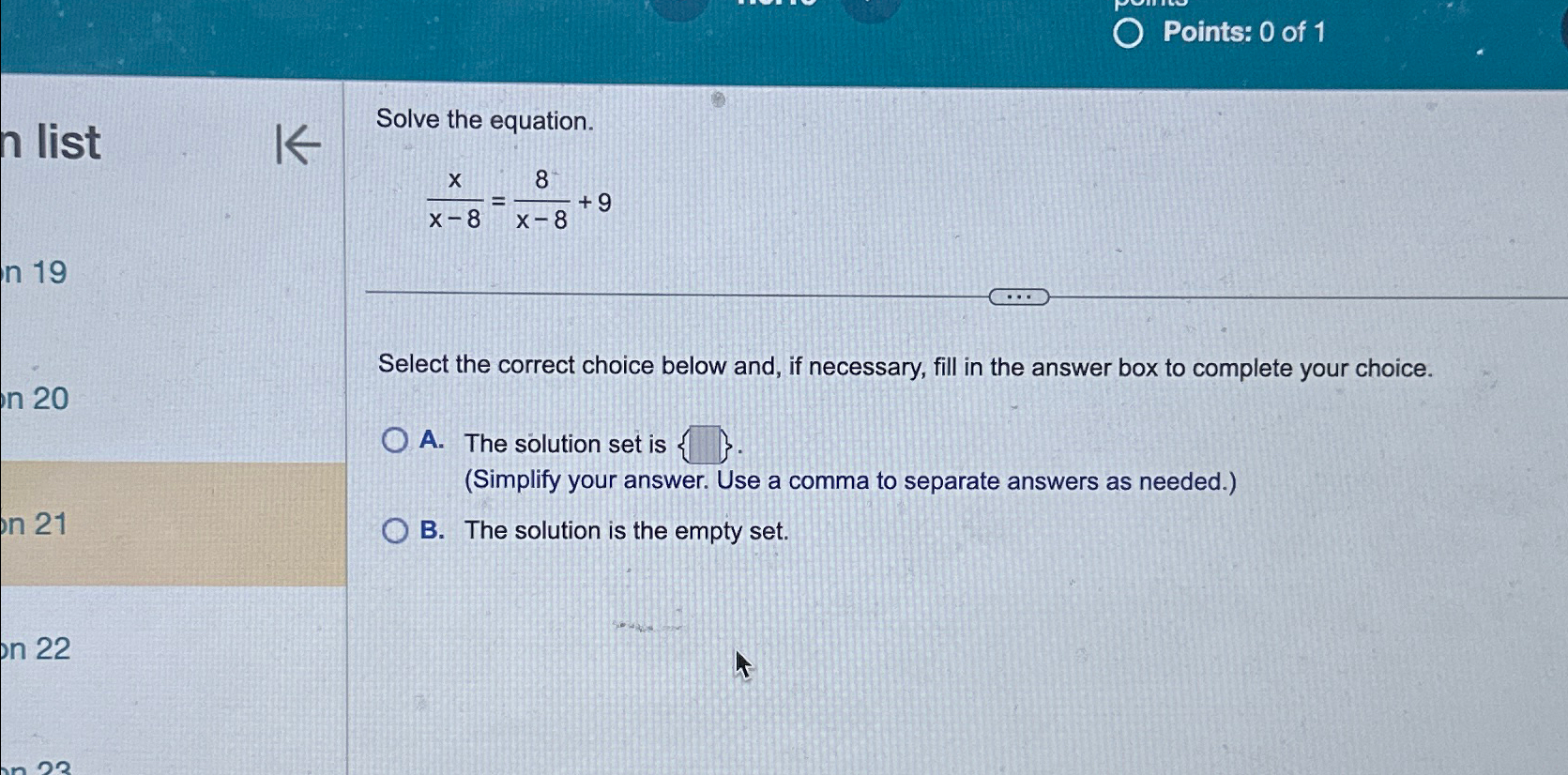 Solved Points 0 ﻿of 1solve The Equation Xx 8 8x 8 9select