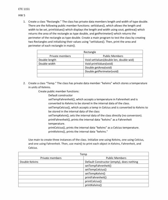 Solved ETE 1151 HW 5 1. Create a class "Rectangle." The | Chegg.com