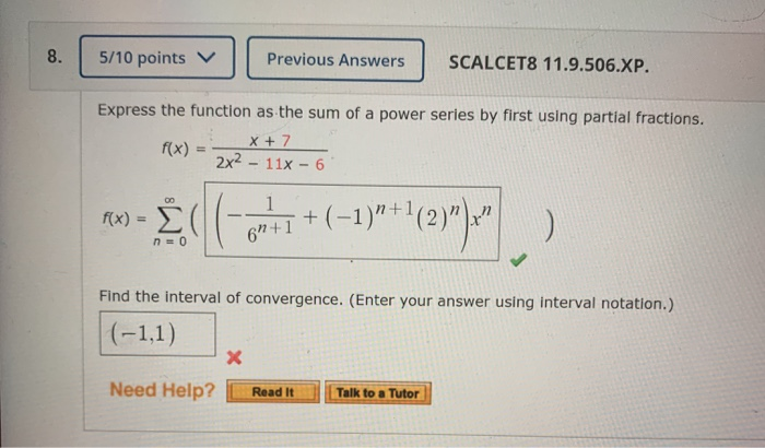Solved 5/10 points v Previous Answers SCALCET8 11.9.506.XP. | Chegg.com