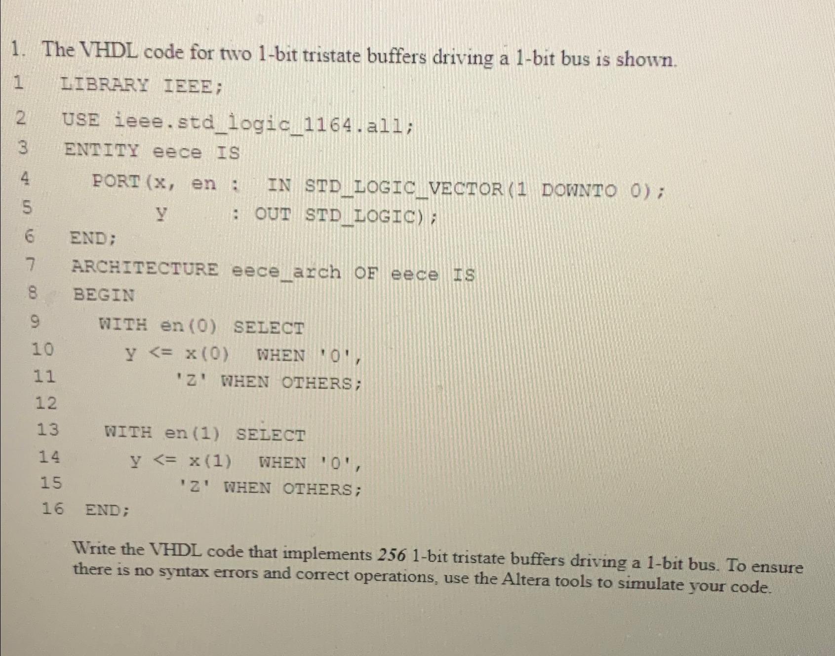 Solved The VHDL code for two 1-bit tristate buffers driving | Chegg.com
