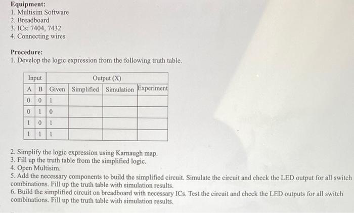 Solved Equipment: 1. Multisim Software 2. Breadboard 3. ICs: | Chegg.com