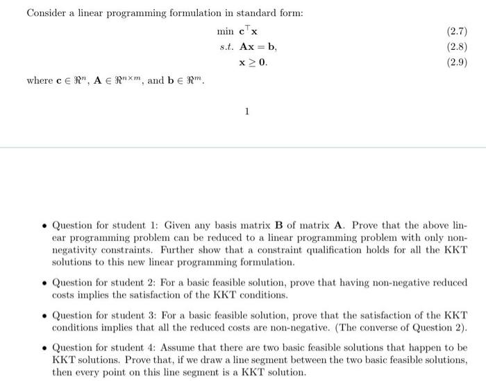 Consider a linear programming formulation in standard | Chegg.com