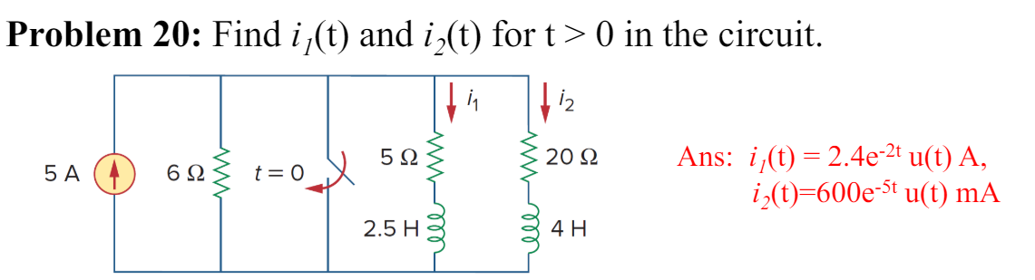 Solved Problem 20: Find il(t) ﻿and i2(t) ﻿for t>0 ﻿in the | Chegg.com