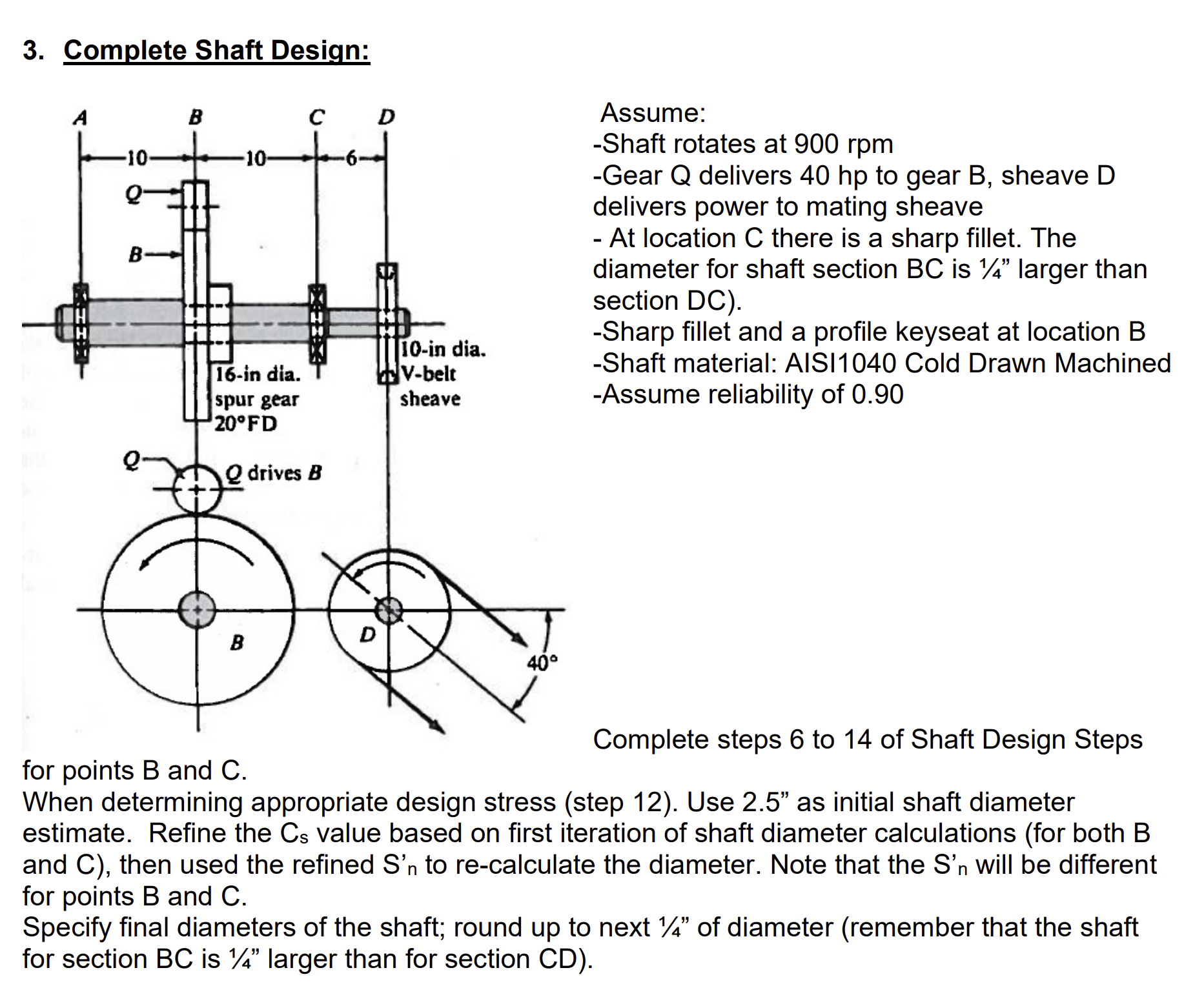 Solved 3. ﻿Complete Shaft Design:Assume:-Shaft rotates at | Chegg.com