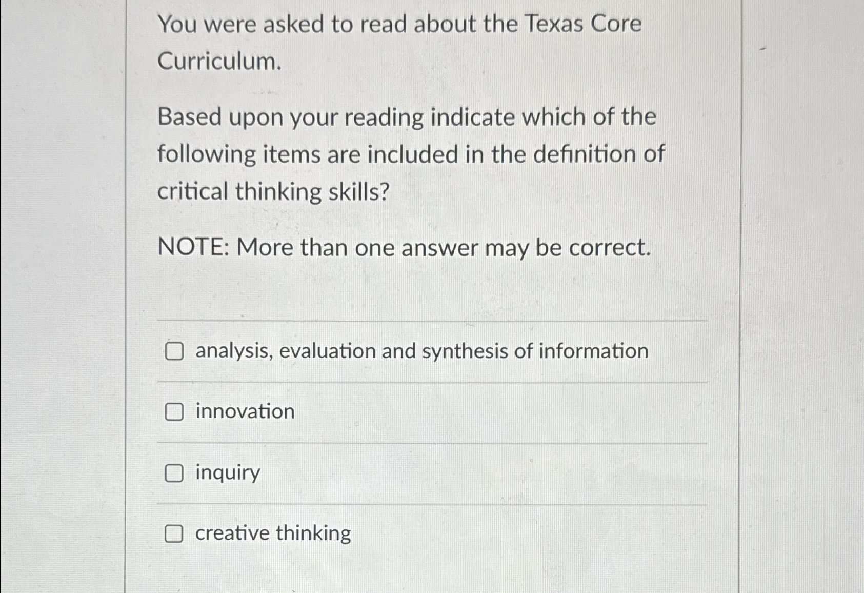 Solved You were asked to read about the Texas Core | Chegg.com