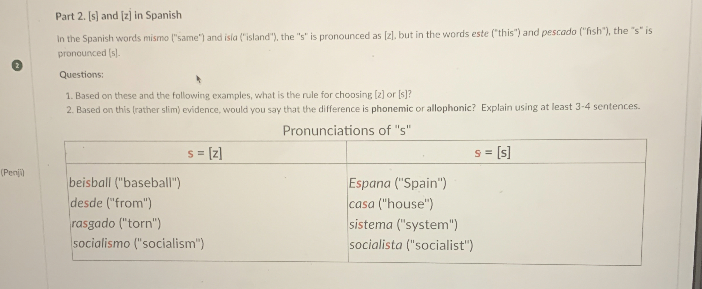 Solved Part 2. [s] ﻿and [z] ﻿in SpanishIn the Spanish words | Chegg.com