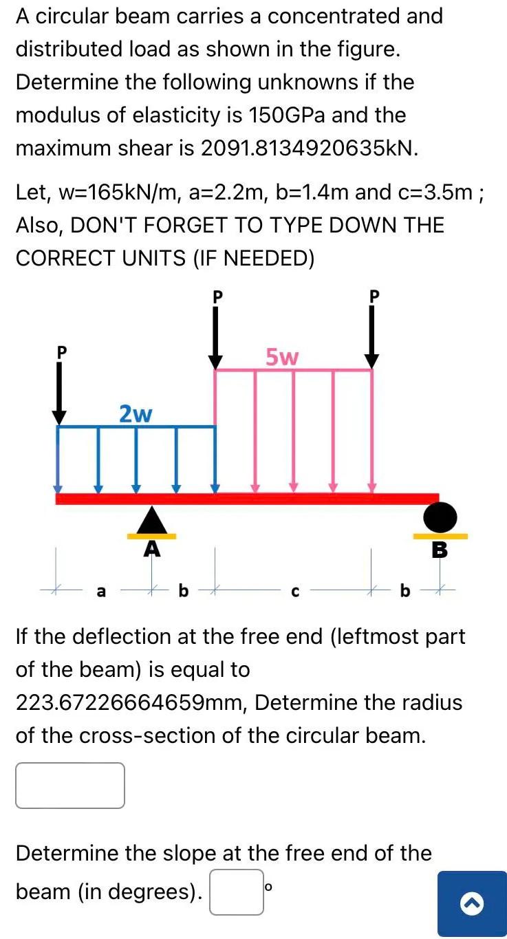 Solved A circular beam carries a concentrated and | Chegg.com
