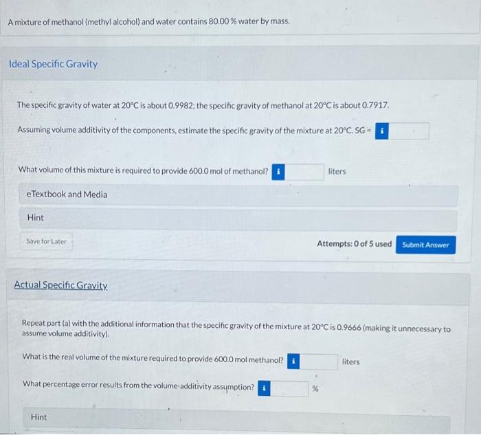 Solved A mixture of methanol (methyl alcohol) and water | Chegg.com