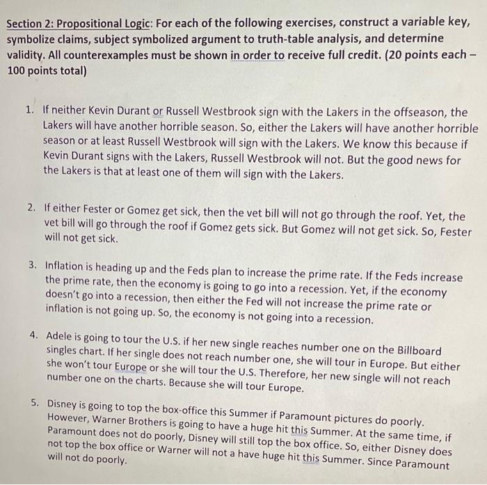 Solved Section 2: Propositional Logic: For each of the | Chegg.com