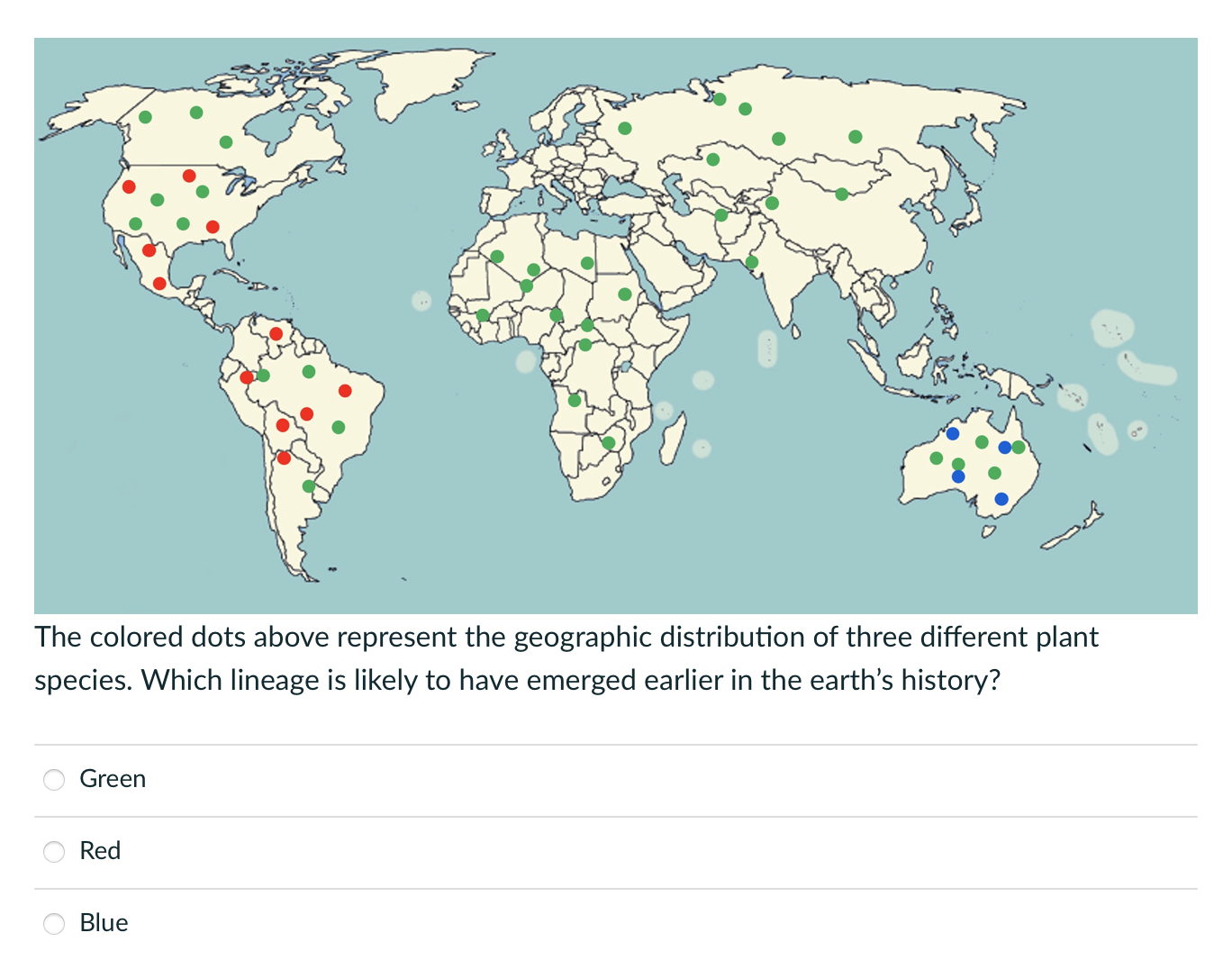 Solved The colored dots above represent the geographic | Chegg.com