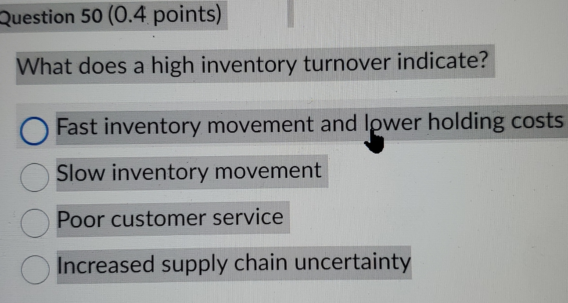 Solved Question 50 (0.4 ﻿points)What does a high inventory | Chegg.com