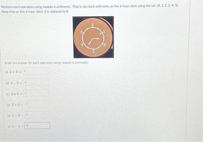 Solved Perform each operation using modulo 6 arithmetic. | Chegg.com