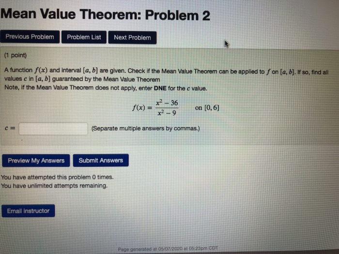 Solved Mean Value Theorem: Problem 2 Previous Problem | Chegg.com