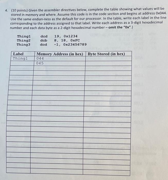 Solved 4. (10 points) Given the assembler directives below, | Chegg.com