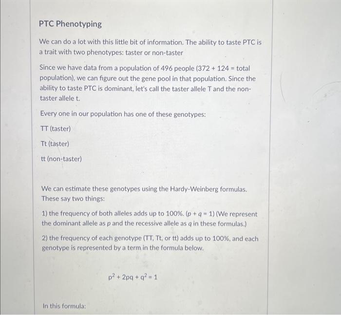 Solved PTC Phenotyping We can do a lot with this little bit | Chegg.com