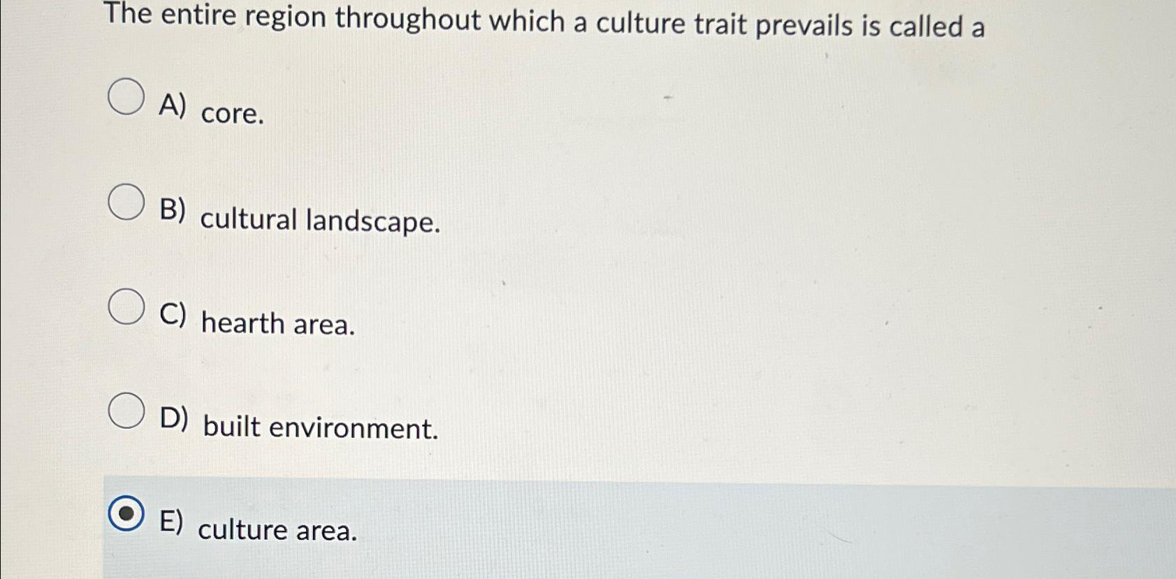Solved The entire region throughout which a culture trait | Chegg.com