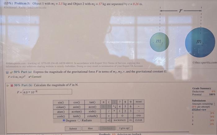 (13\%) Problem 5: Object 1 with mf=2.5 kg and Object | Chegg.com