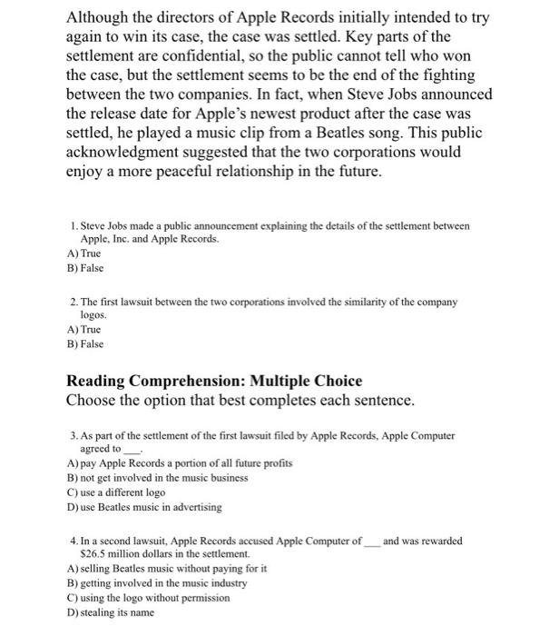 Solved Reading Comprehension True or False Mark each | Chegg.com