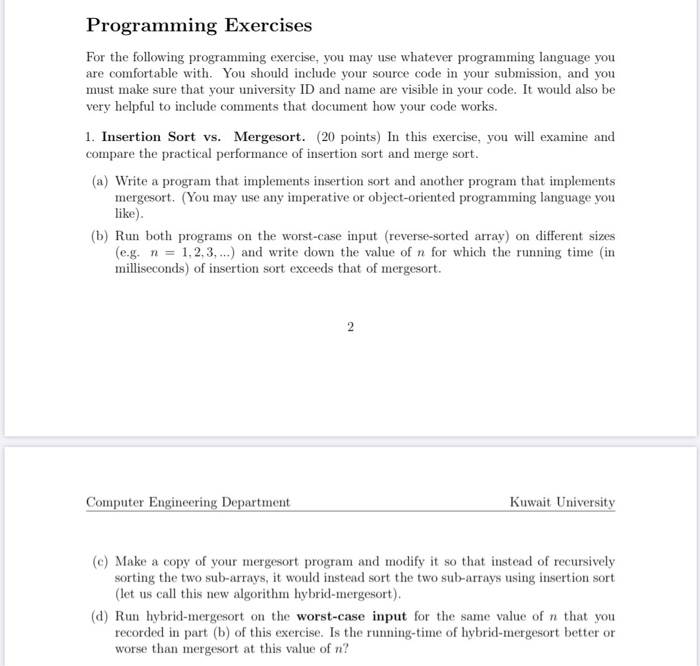 Solved Programming Exercises For The Following Programming