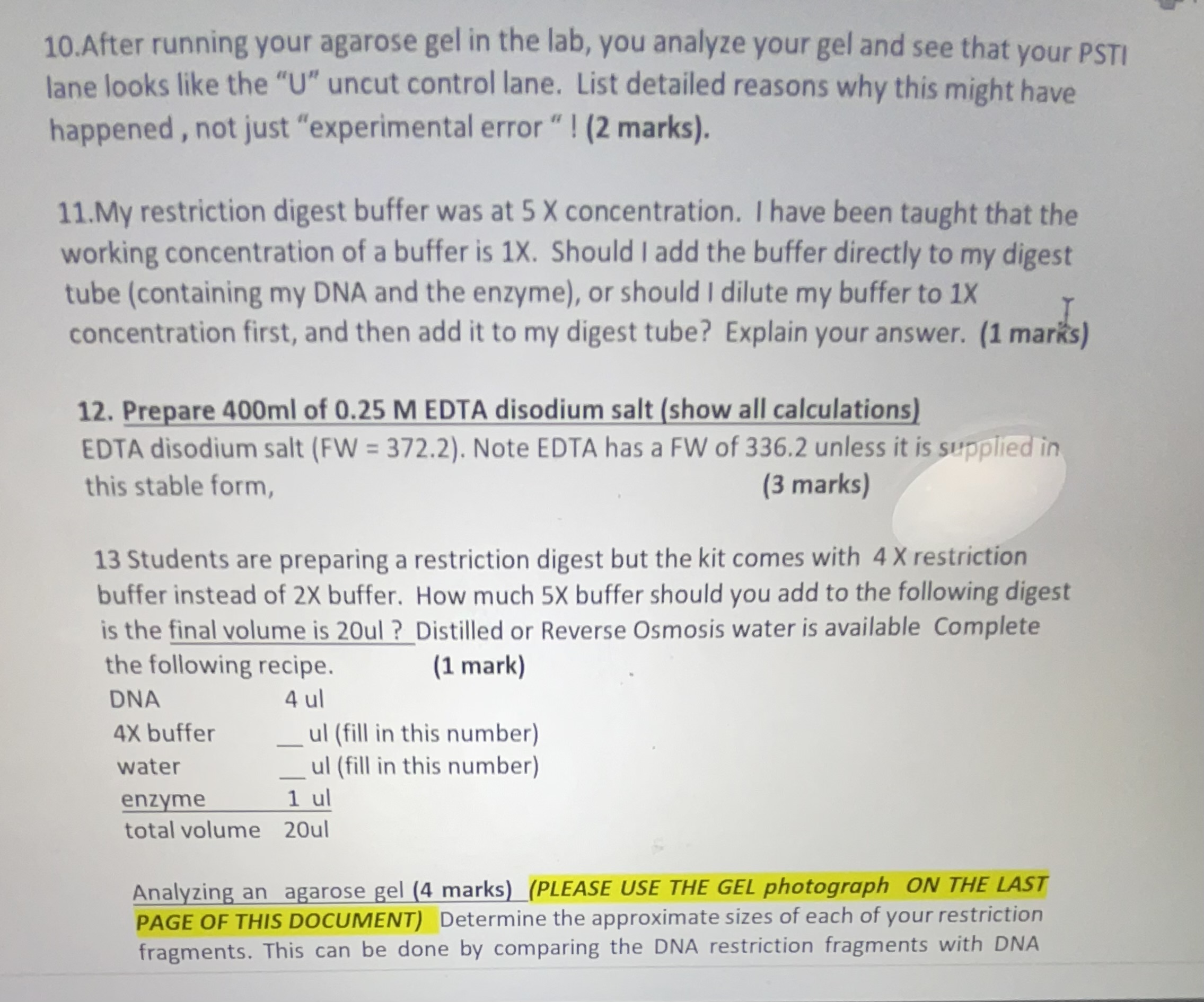 Solved Analyzing an agarose gel (4 ﻿marks) (PLEASE USE THE | Chegg.com