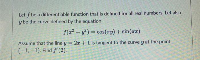 Solved Let f be a differentiable function that is defined | Chegg.com