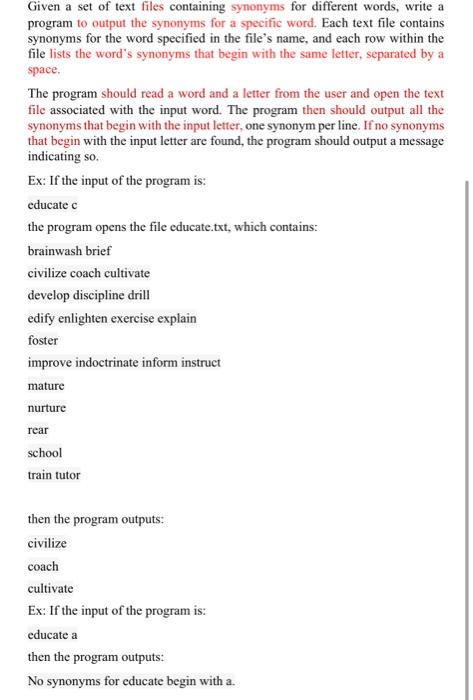 Solved Given a set of text files containing synonyms for | Chegg.com