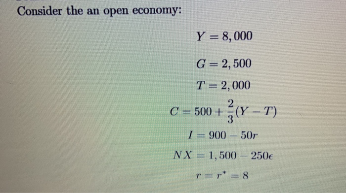 Solved Consider the an open economy: Y = 8,000 G = 2,500 T = | Chegg.com
