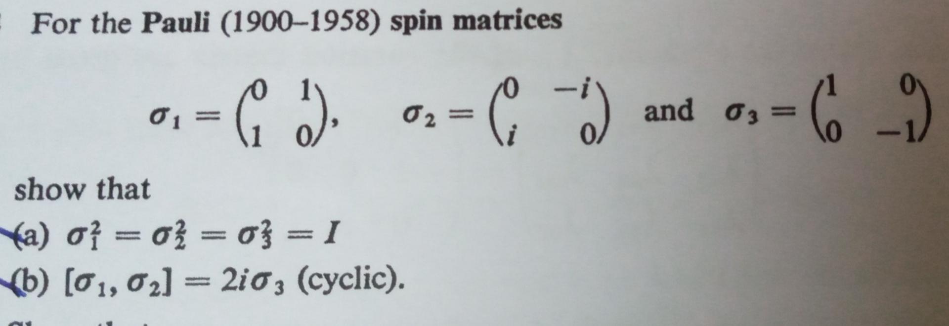 Solved For the Pauli (1900–1958) spin matrices 01 = 5,-G 2). | Chegg.com