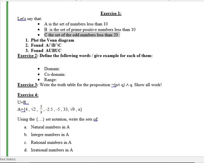 Solved Exercise 1: Let's say that: • A is the set of numbers | Chegg.com