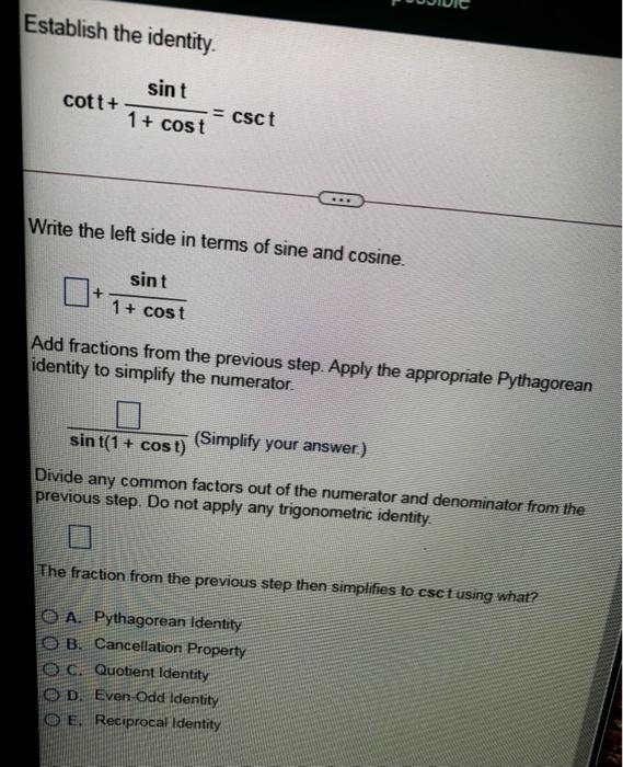 Solved Establish the identity. cott + sint = csct 1 + cost | Chegg.com