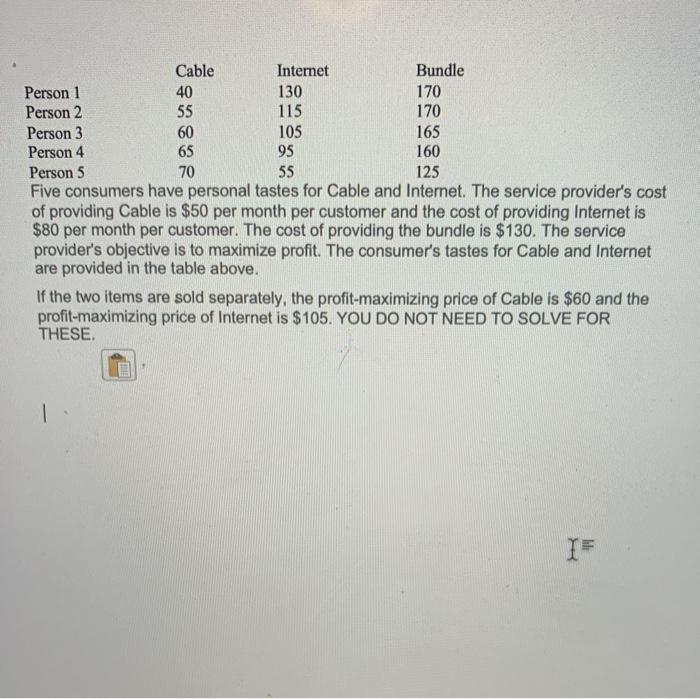 Solved 105 Cable Internet Bundle Person 1 40 130 170 Person | Chegg.com