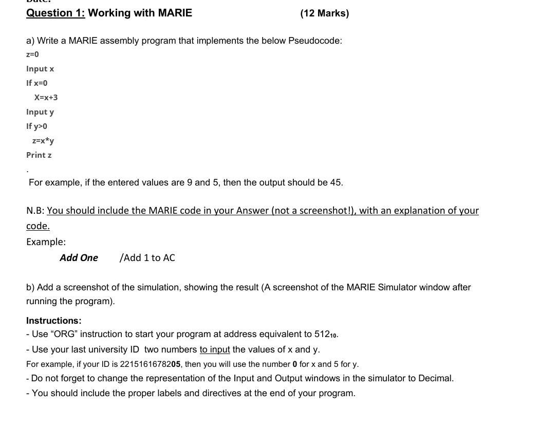 Solved Question 1: Working with MARIE (12 Marks) a) Write a | Chegg.com