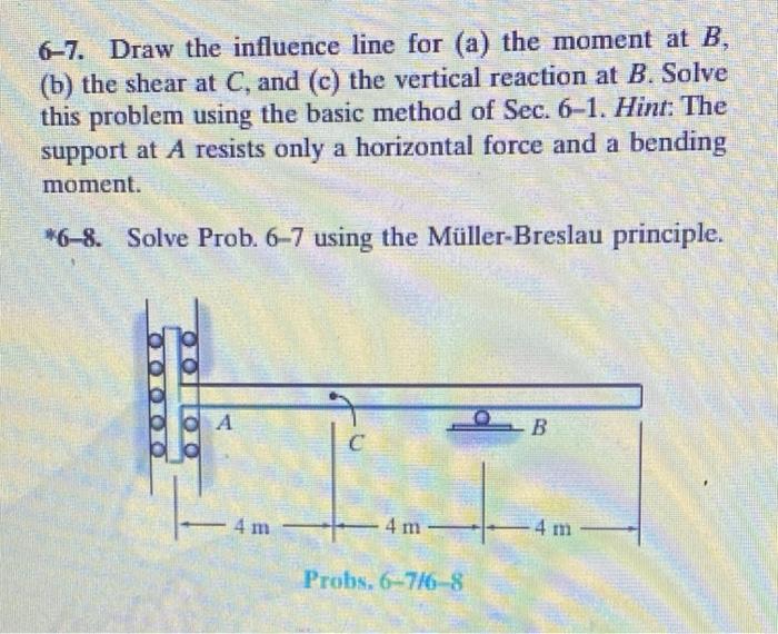 Solved 6-7. Draw the influence line for (a) the moment at B, | Chegg.com
