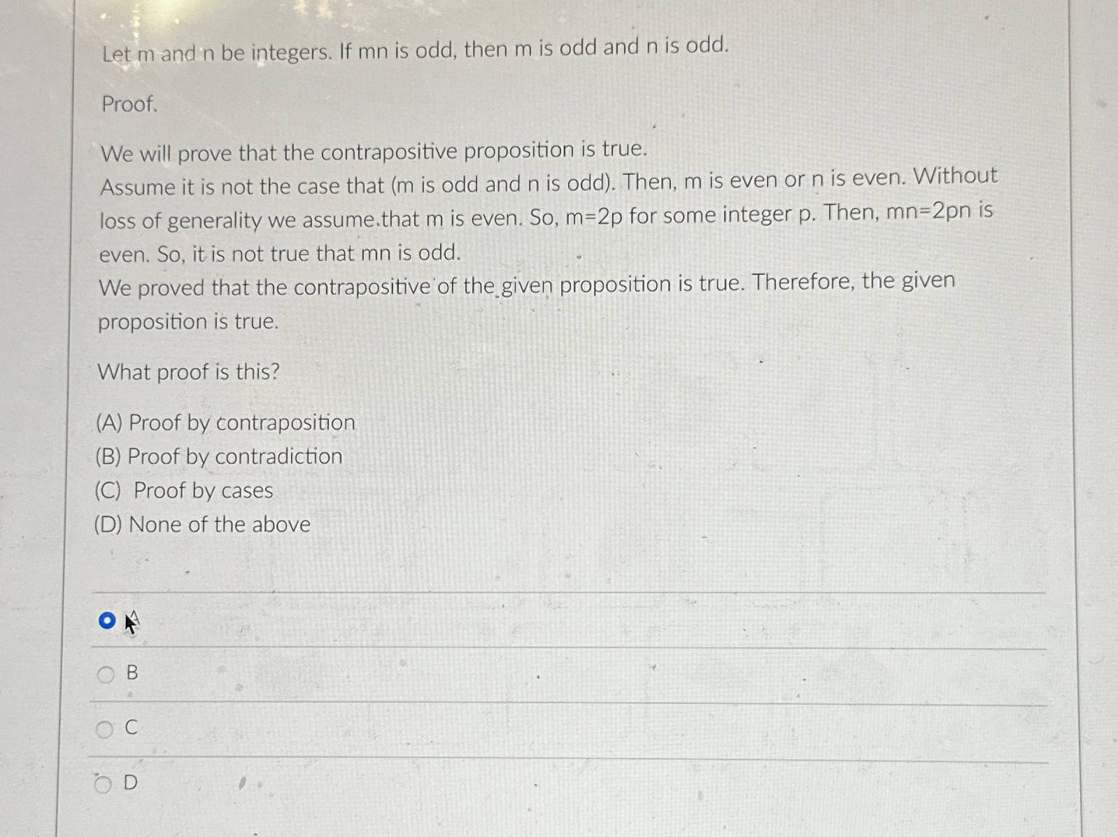 Solved Let m ﻿and n ﻿be integers. If mn ﻿is odd, then m ﻿is | Chegg.com